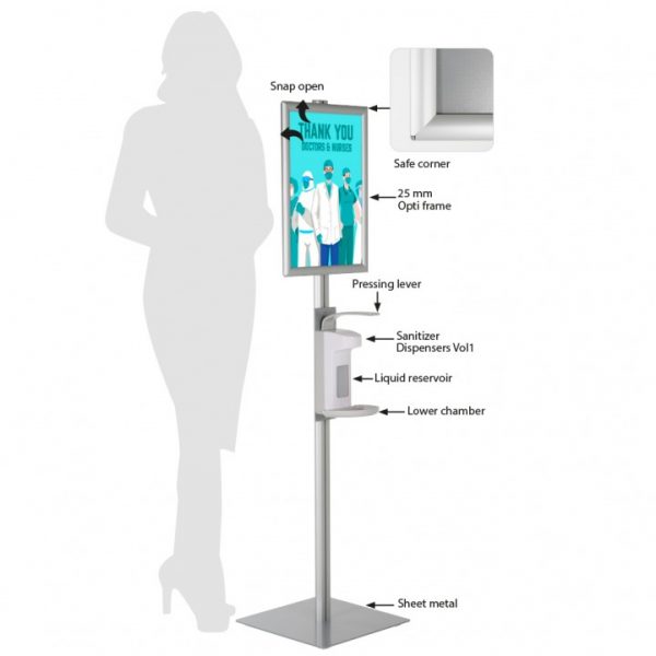 Hand Stanitizer Floor Stand With Opti Frame Vol1 - MT Displays